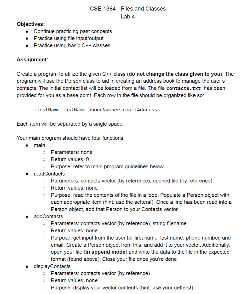 Solved CSE 1384 - Files and Classes Lab 4 Create a program | Chegg.com