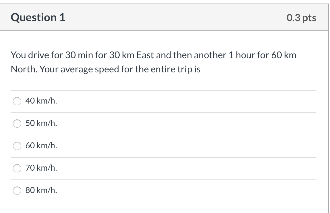 Solved Question 1 0.3 pts You drive for 30 min for 30 km | Chegg.com