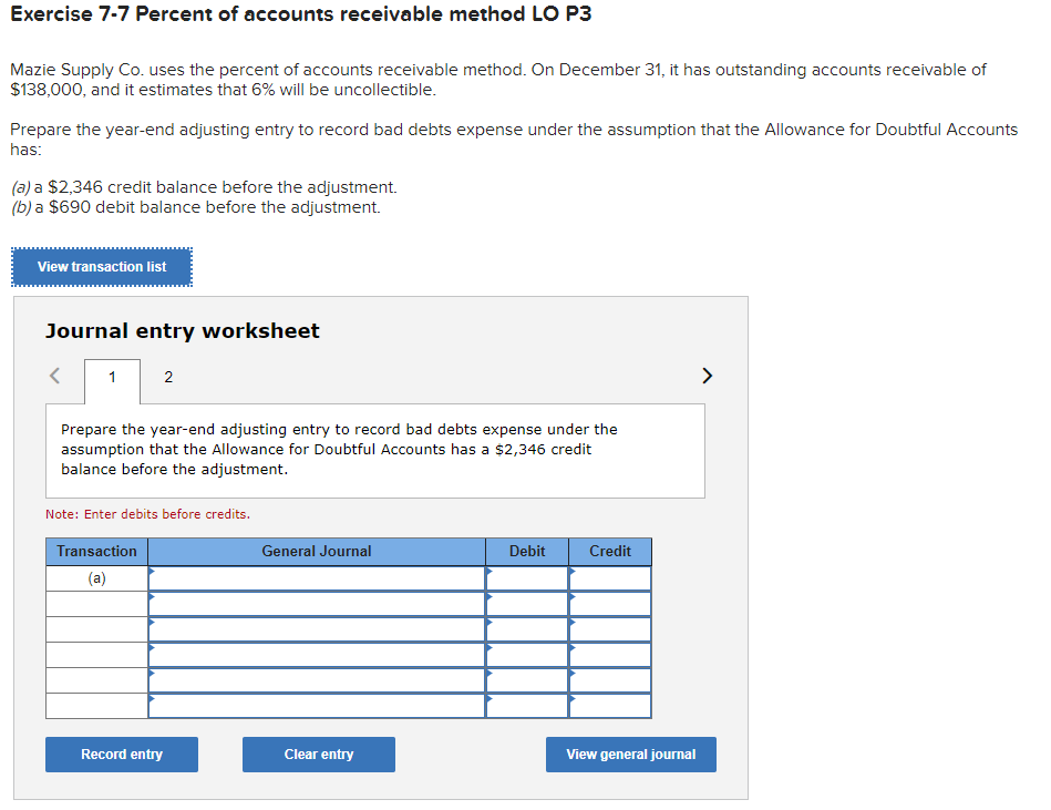 Solved Exercise 7-7 Percent of accounts receivable method LO | Chegg.com