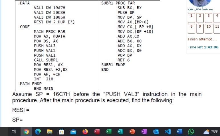 Solved Assume SP=C7H16 ﻿before the "PUSH VAL3" ﻿instruction | Chegg.com