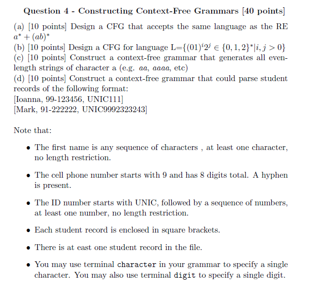 Solved Question 4 - Constructing Context-Free Grammars (40 | Chegg.com Solved Question 4 - Constructing Context-Free Grammars (40 | Chegg.com