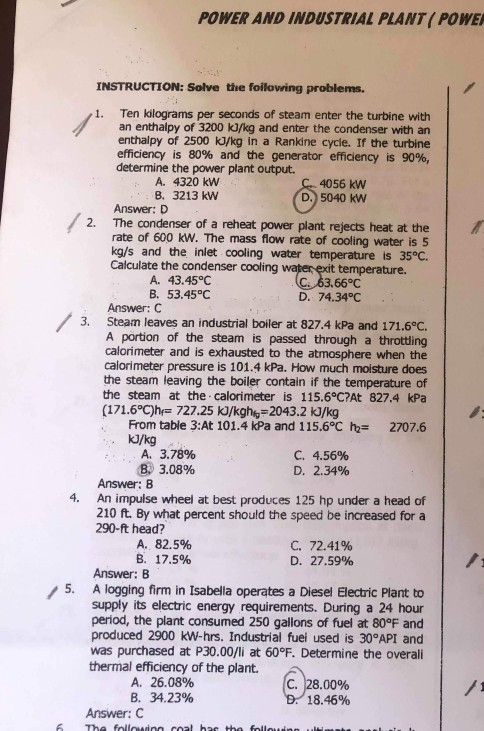 Solved POWER AND INDUSTRIAL PLANT ( POWE INSTRUCTION: Solve | Chegg.com