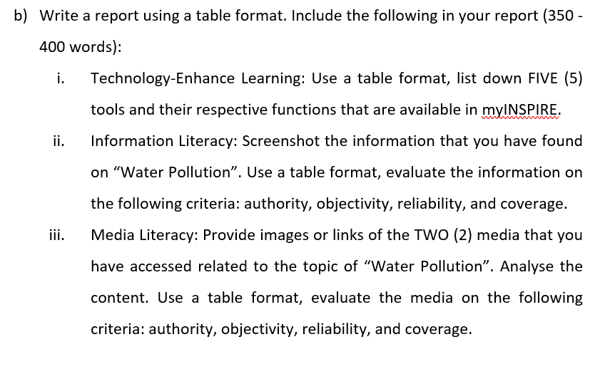 Solved b) Write a report using a table format. Include the | Chegg.com