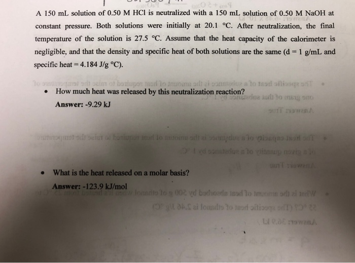 Solved A 150 mL solution of 0.50 M HCl is neutralized with a | Chegg.com