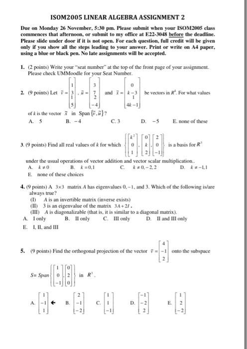 Solved ISOM2005 LINEAR ALGEBRA ASSIGNMENT 2 Due on Monday 26 | Chegg.com