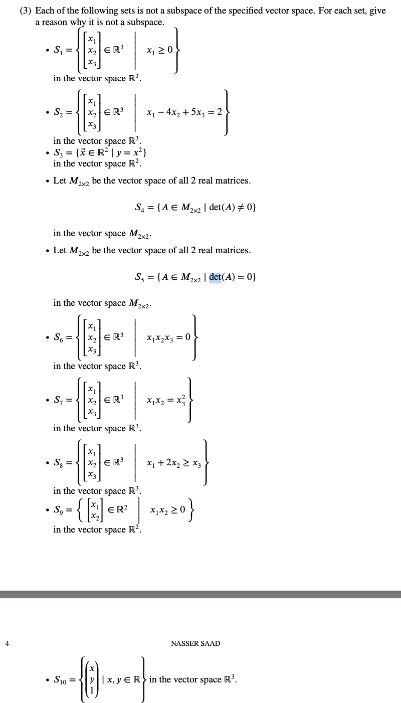 Solved 3 each Of the Following Sets Is not A Subspace