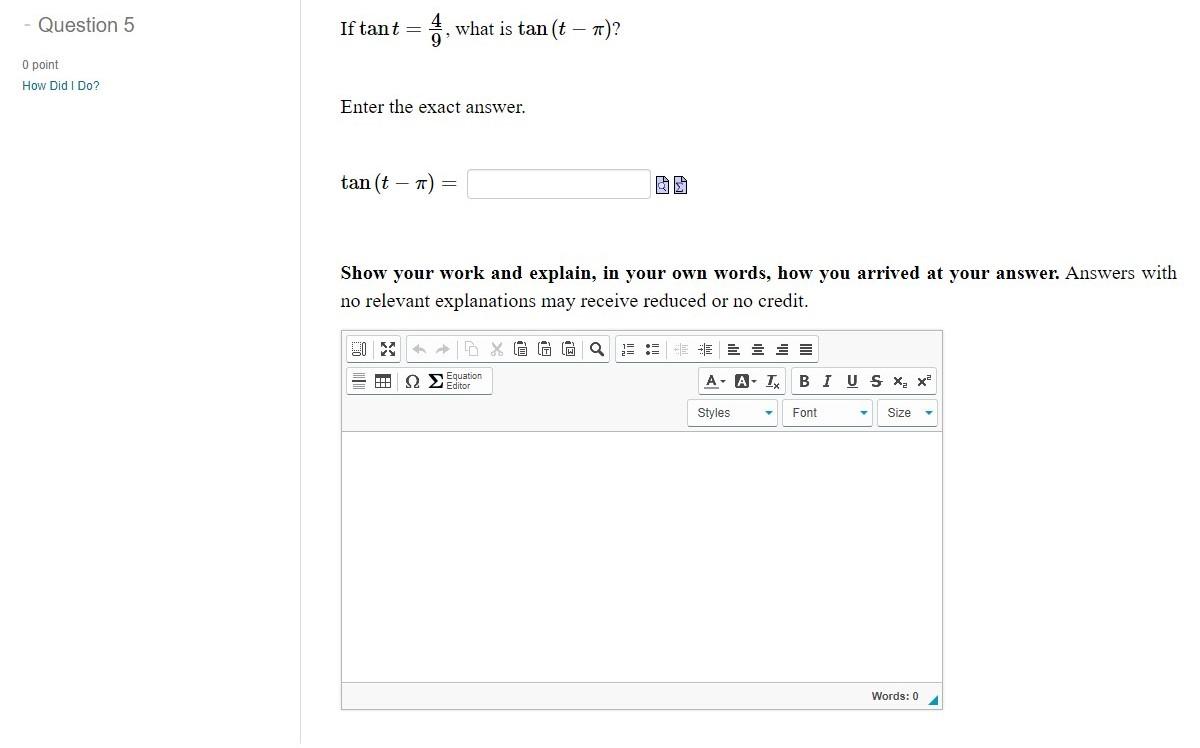 Solved Question 5 If tant = , what is tan (t – 7)? 0 point | Chegg.com