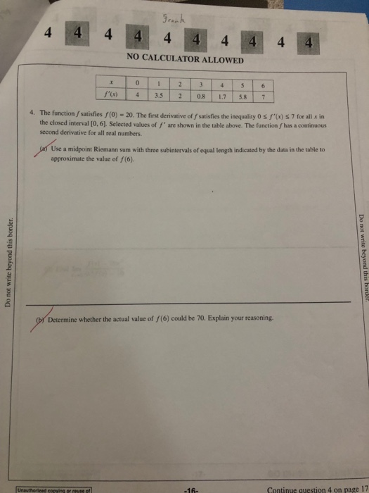 Solved -4444 4 NO CALCULATOR ALLOWED f 4 35 2 0.8 17 .8 7 4. | Chegg.com