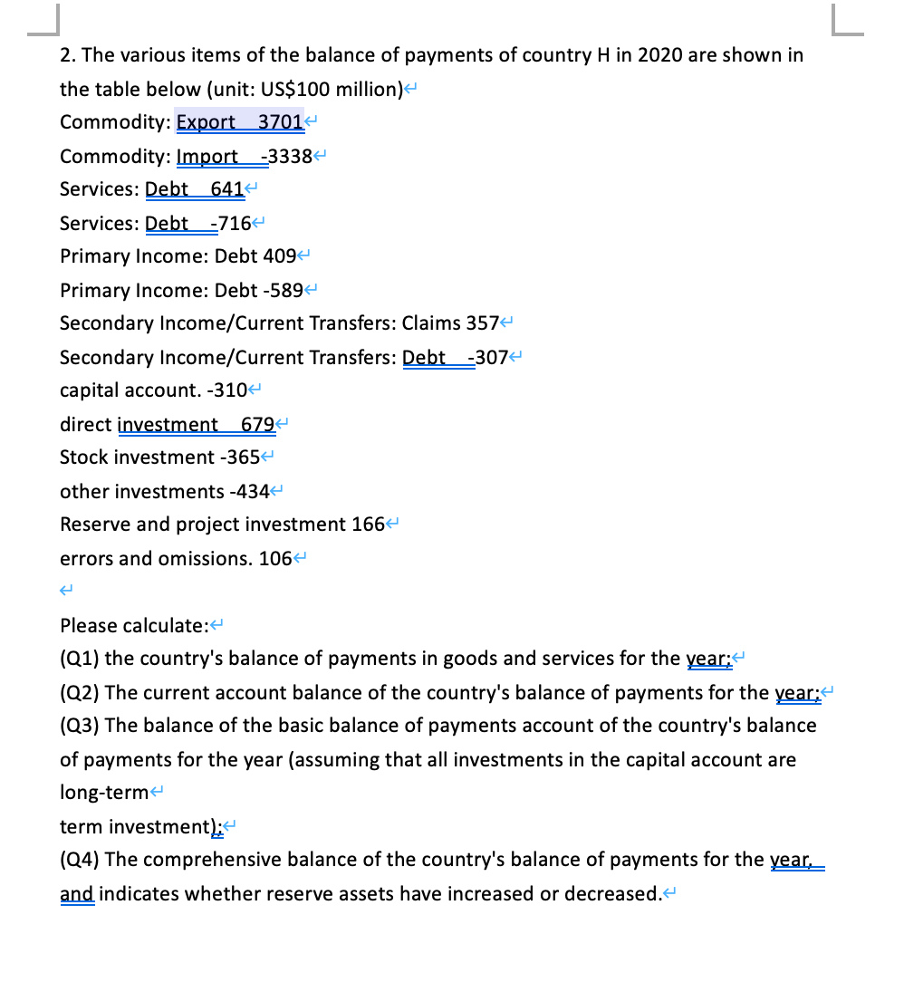 Solved 2. The various items of the balance of payments of | Chegg.com