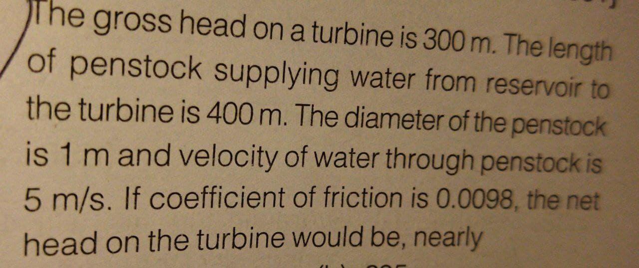 Solved The gross head on a turbine is 300 m. The length of | Chegg.com