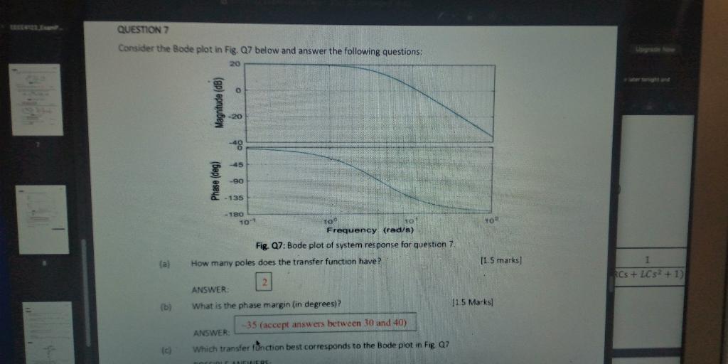 Solved QUESTION 7 Consider the Bode plot in Fig. Q7 below | Chegg.com