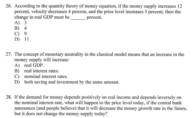 Solved 26. According to the quantity theory of money | Chegg.com