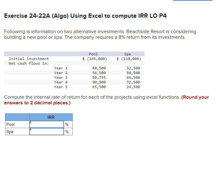 Solved Exercise 24-22A (Algo) Using Excel to compute IRR LO | Chegg.com