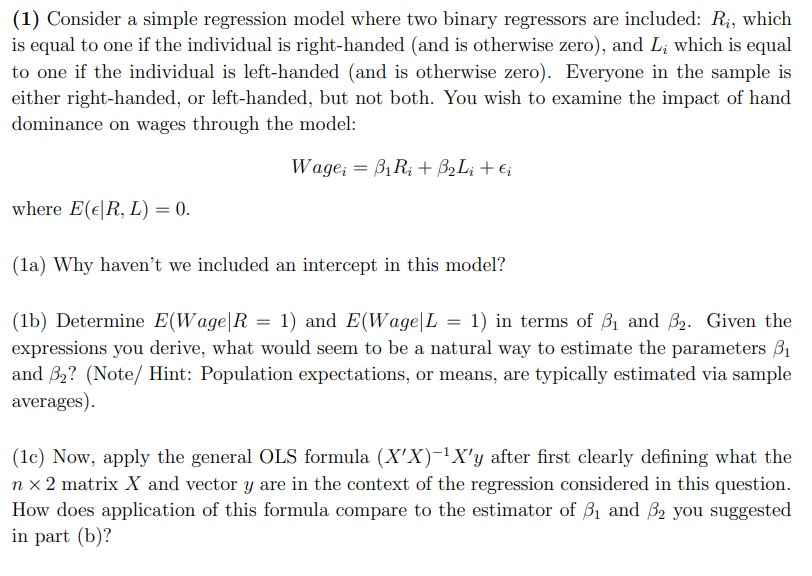 Solved (1) Consider a simple regression model where two | Chegg.com