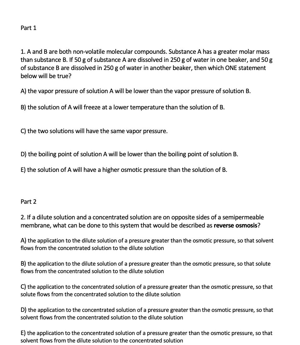 Solved Part 1 1. A and B are both non-volatile molecular | Chegg.com