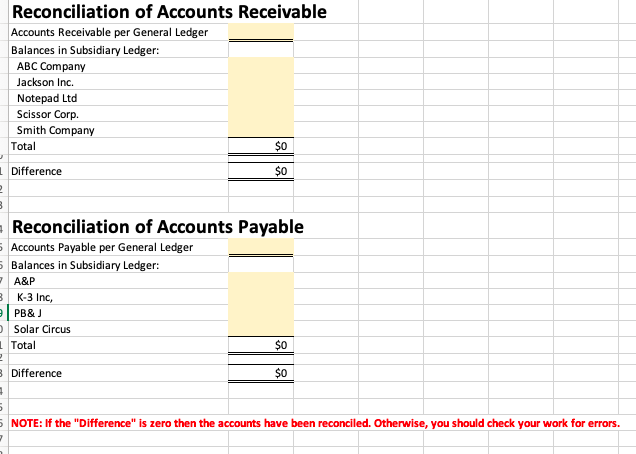 Excel Subsidiary Ledger Assignment: Accounts | Chegg.com