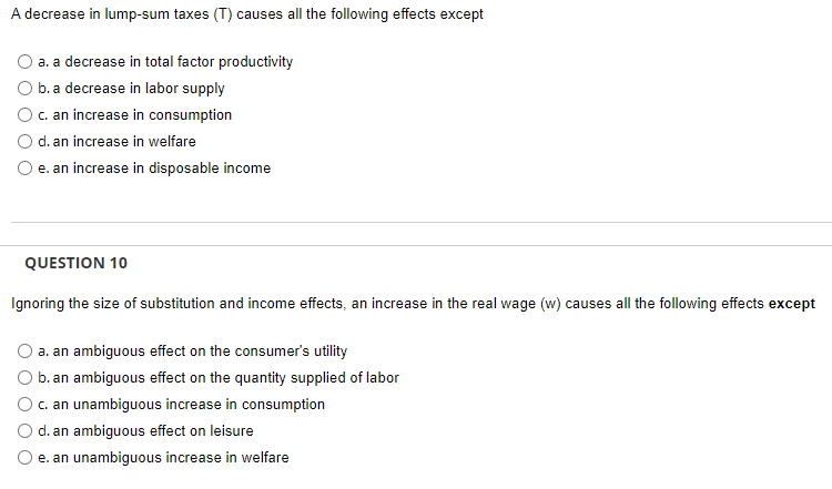 Solved A decrease in lump-sum taxes (T) causes all the | Chegg.com