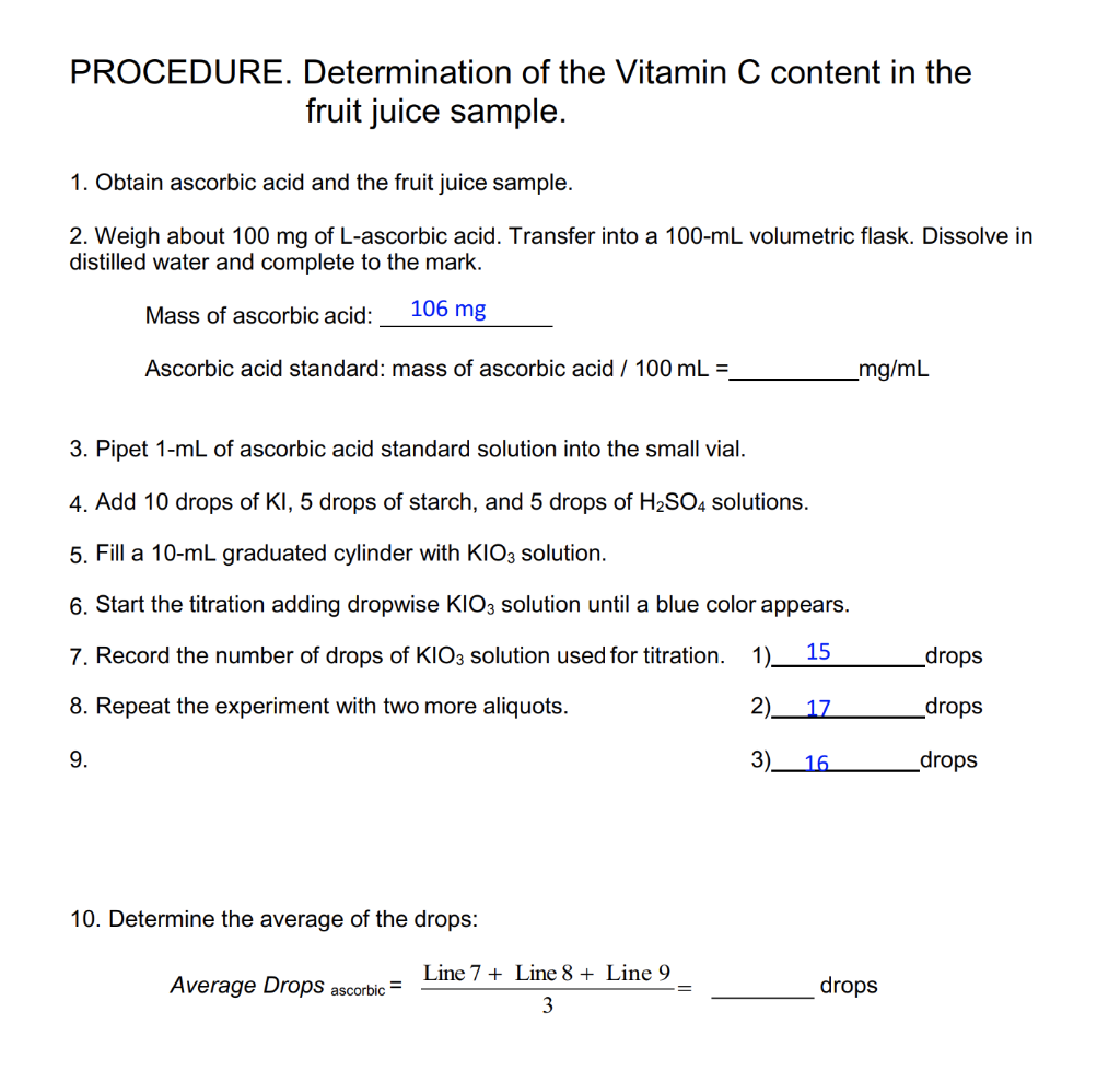 Solved PROCEDURE. Determination of the Vitamin C content in | Chegg.com
