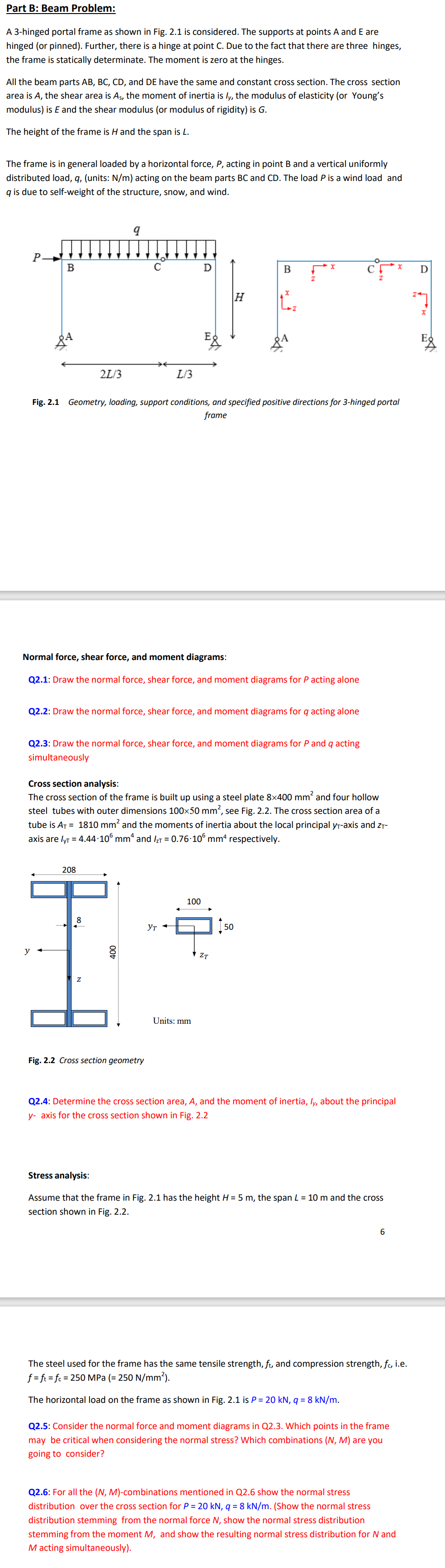 Solved Part B: Beam Problem: A 3-hinged portal frame as | Chegg.com