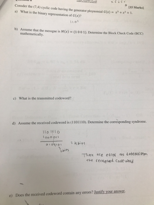 Solved Consder the (7,4) cyclic code having the generator | Chegg.com