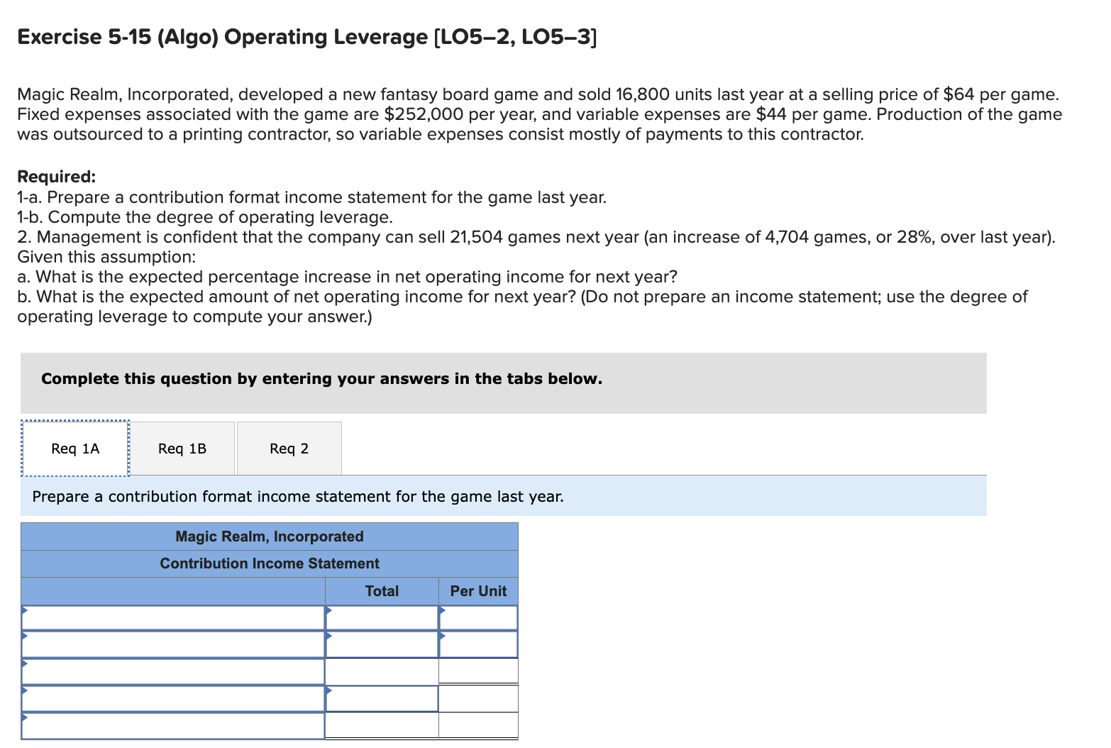 Solved Exercise 5-15 (Algo) Operating Leverage [LO5-2, | Chegg.com