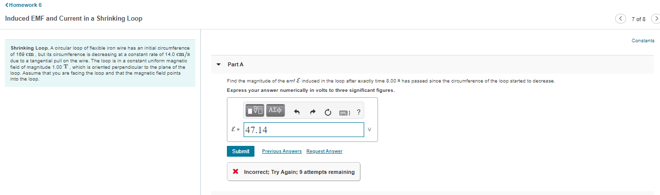 Solved Constants Shrinking Loop. A circular loop of | Chegg.com