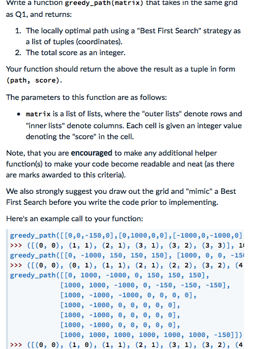 Write a function greedy_path(matrix) that takes in | Chegg.com