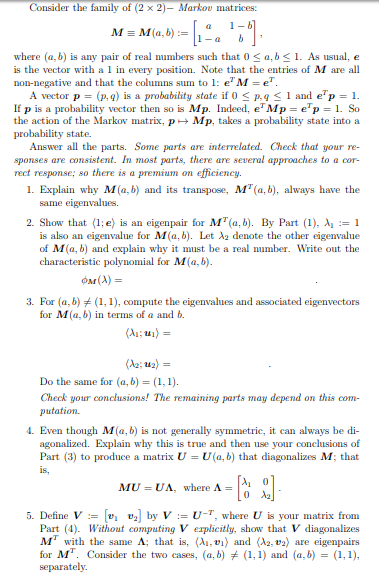 Consider the family of (2 x 2)-Markov matrices: where | Chegg.com