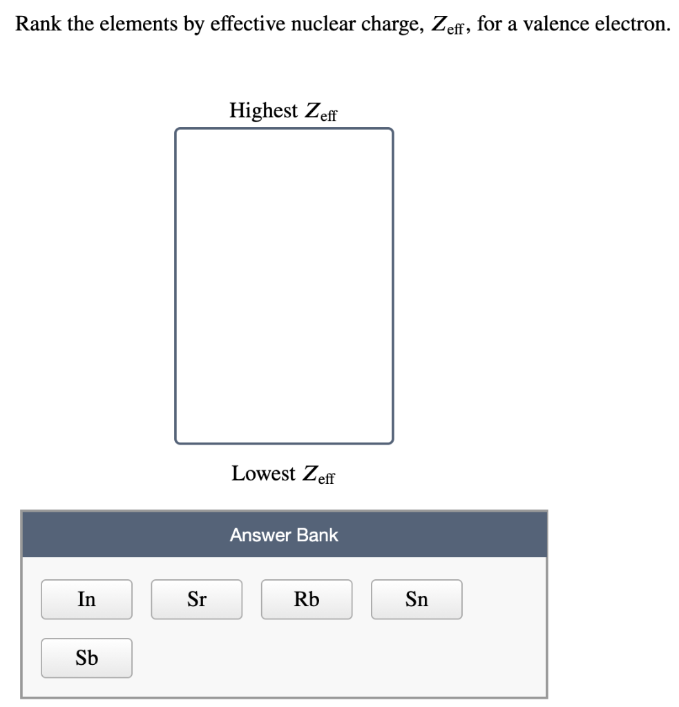 Solved Rank the elements by effective nuclear charge, Zeff, | Chegg.com