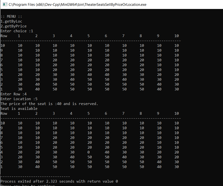 Solved C Code Theatre Seating Chart Implemented Two Dimensional Array Ticket Prices Like