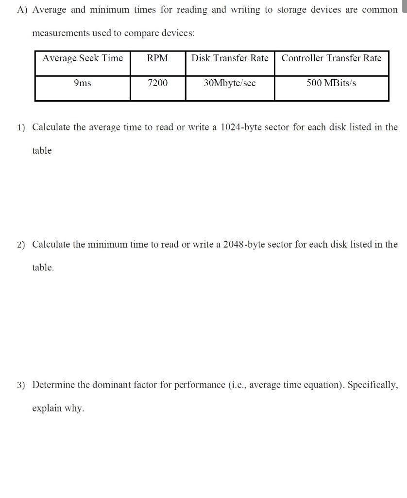Solved A) Average and minimum times for reading and writing | Chegg.com