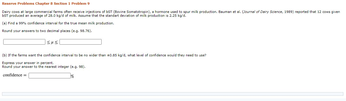 Solved Reserve Problems Chapter 8 Section 1 Problem 9 Dairy | Chegg.com