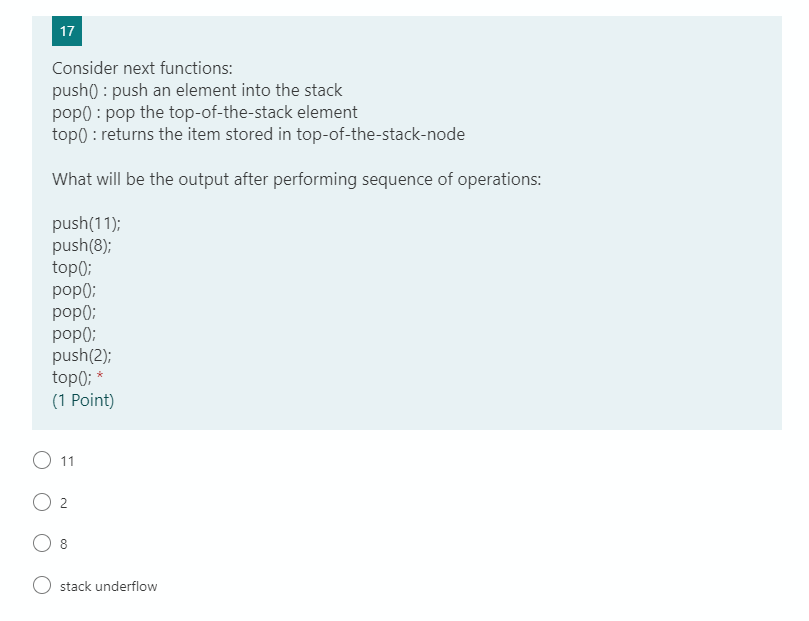 Solved 17 Consider next functions: push(): push an element | Chegg.com