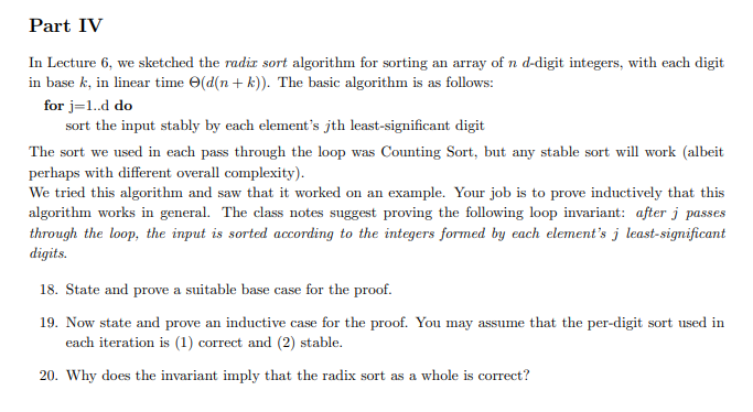 Solved Part IV In Lecture 6, we sketched the radix sort | Chegg.com