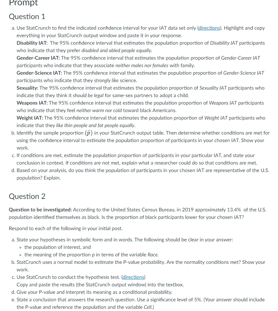 Solved Prompt Question 1 a. Use StatCrunch to find the | Chegg.com