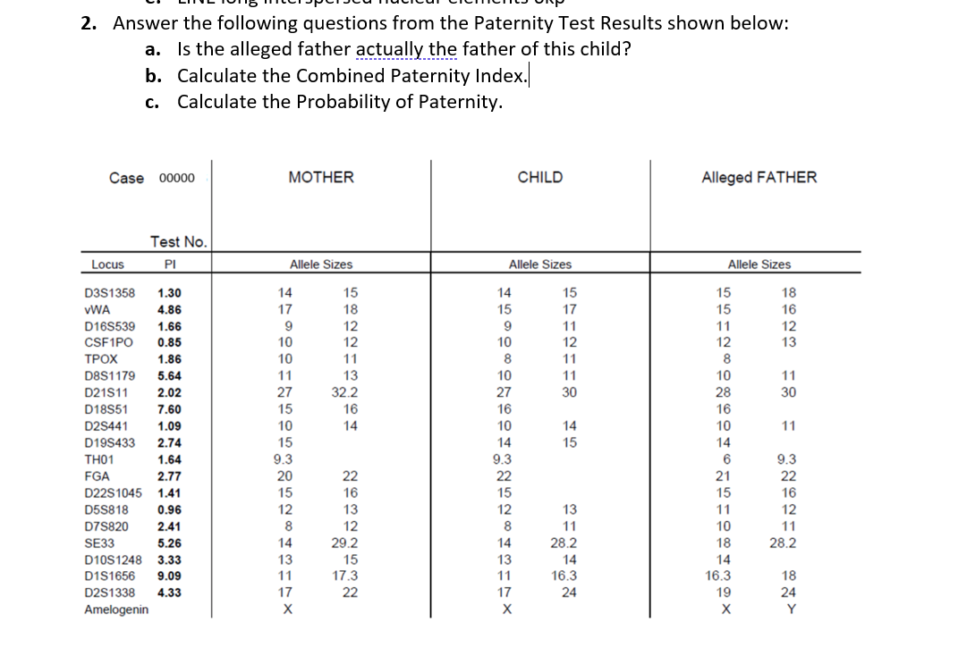 Solved 2. Answer the following questions from the Paternity | Chegg.com