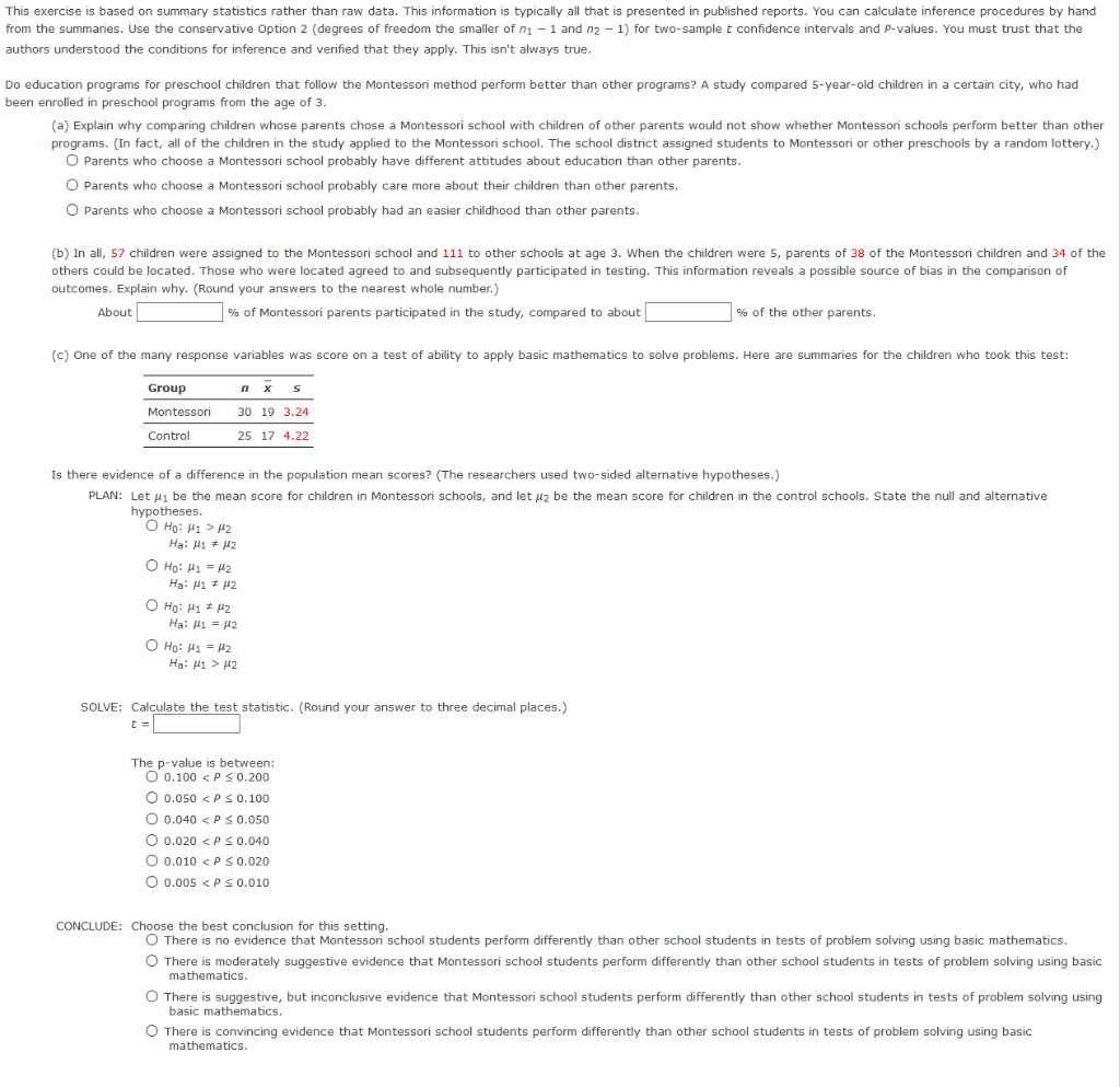 Solved This exercise is based on summary statistics rather | Chegg.com
