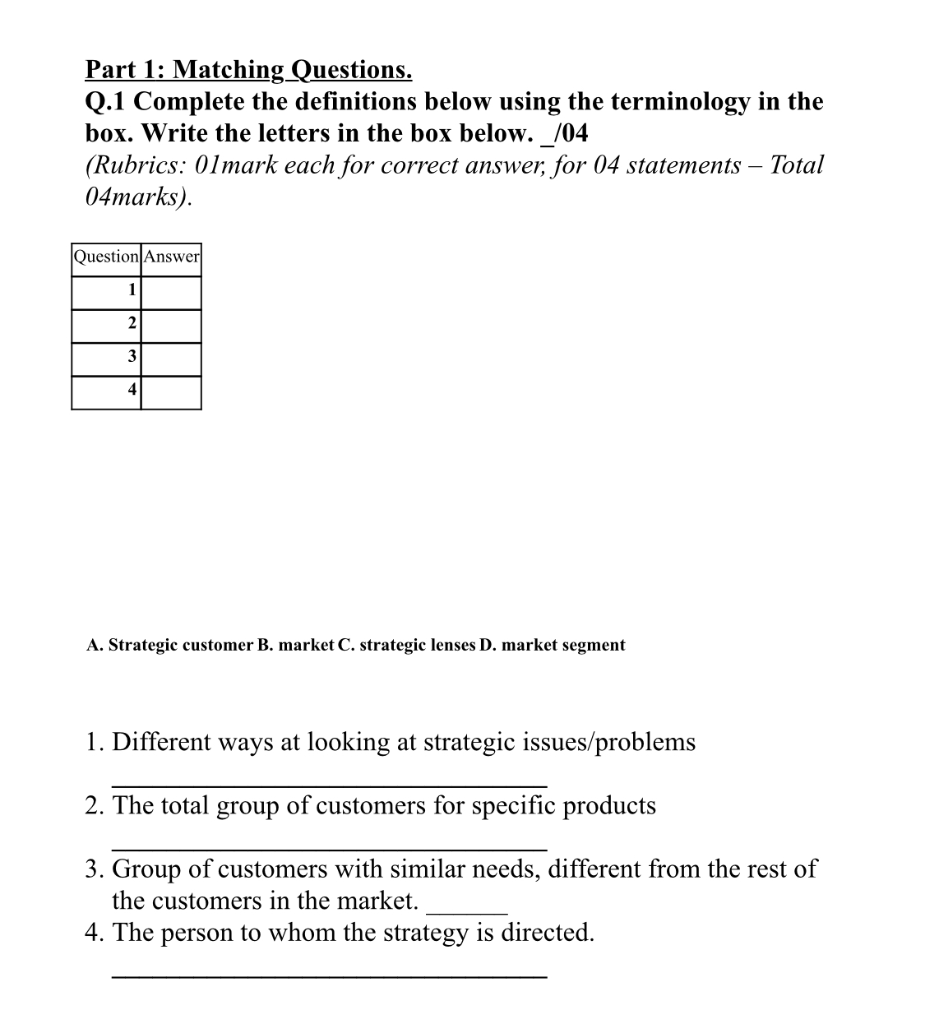 Solved Part 1: Matching Questions. Q.1 Complete the | Chegg.com