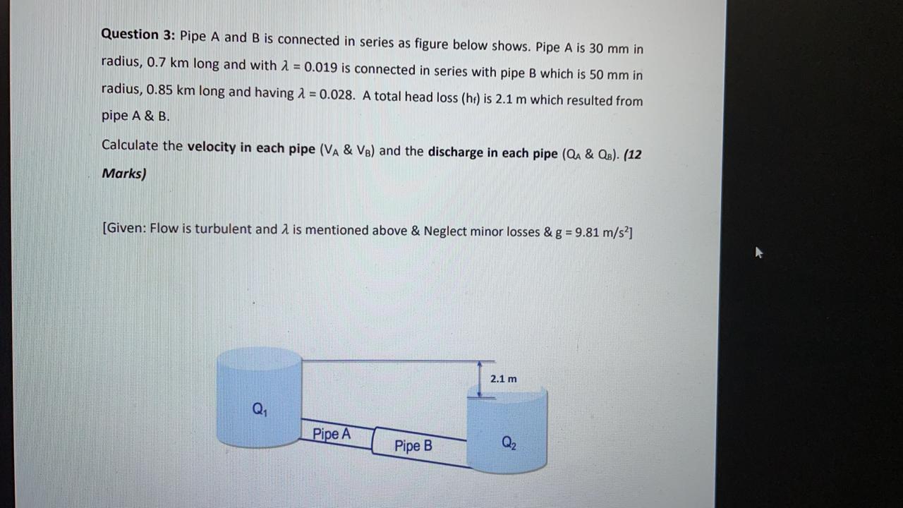 Solved Question 3: Pipe A and B is connected in series as | Chegg.com