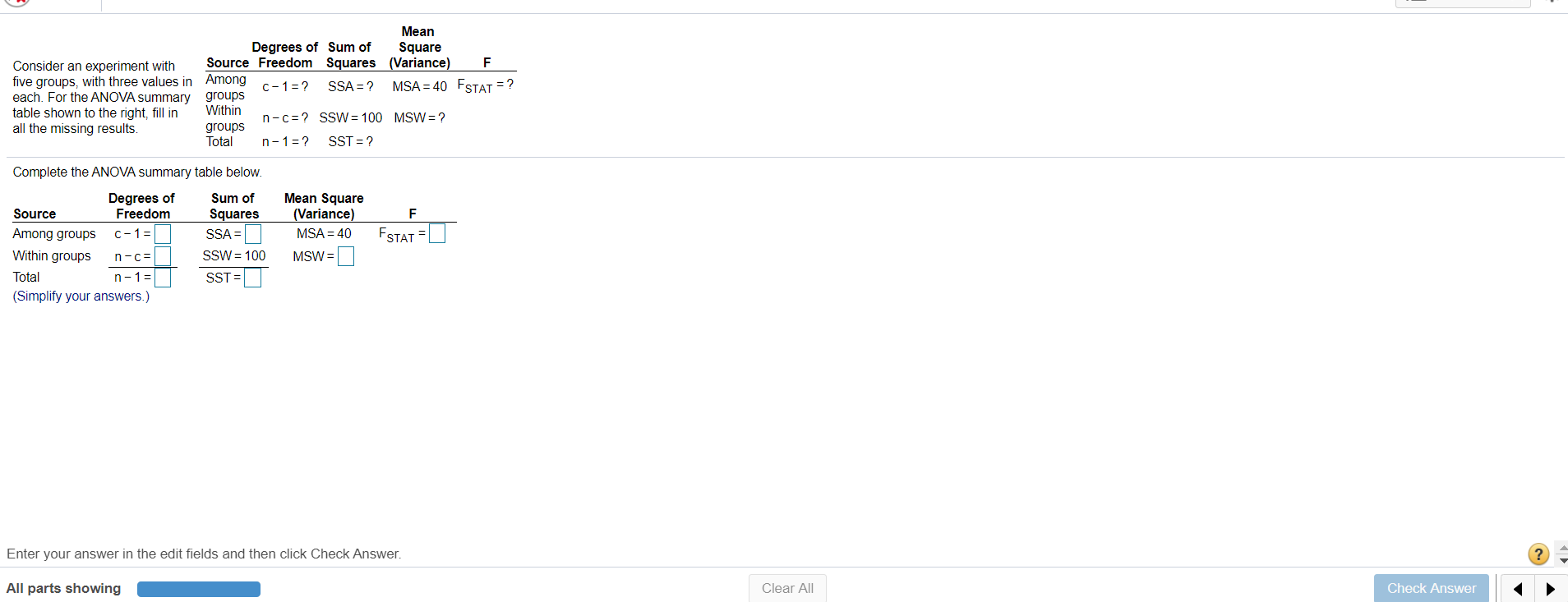 Solved Mean Degrees of Sum of Square Consider an experiment | Chegg.com