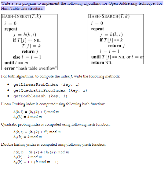 Solved Writing a java program to implement algorithms for | Chegg.com