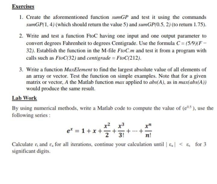 Solved Exercises 1. Create the aforementioned function sumGP | Chegg.com