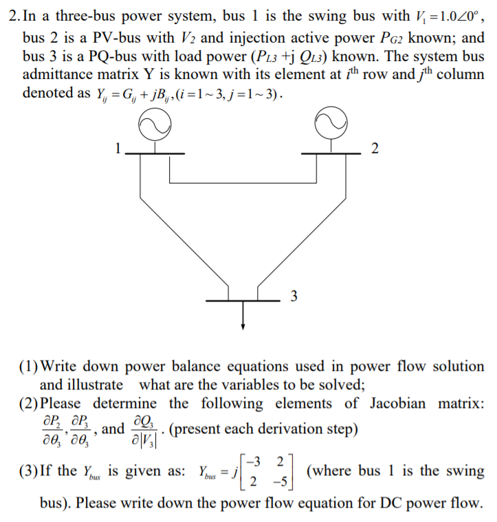 Solved 2. In a three-bus power system, bus 1 is the swing | Chegg.com