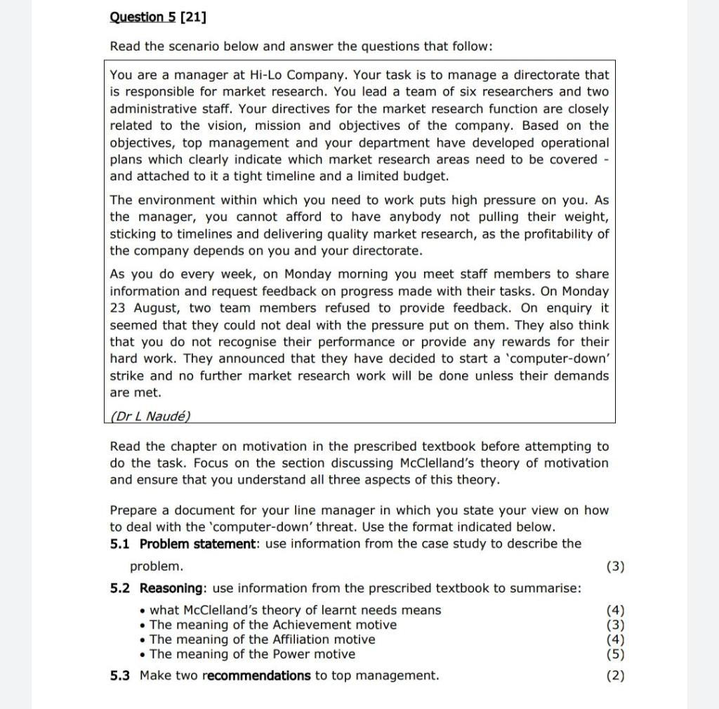 Solved Question 5 [21] Read the scenario below and answer | Chegg.com