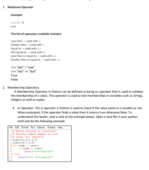 Solved 1. Relational Operator Example: >>>5