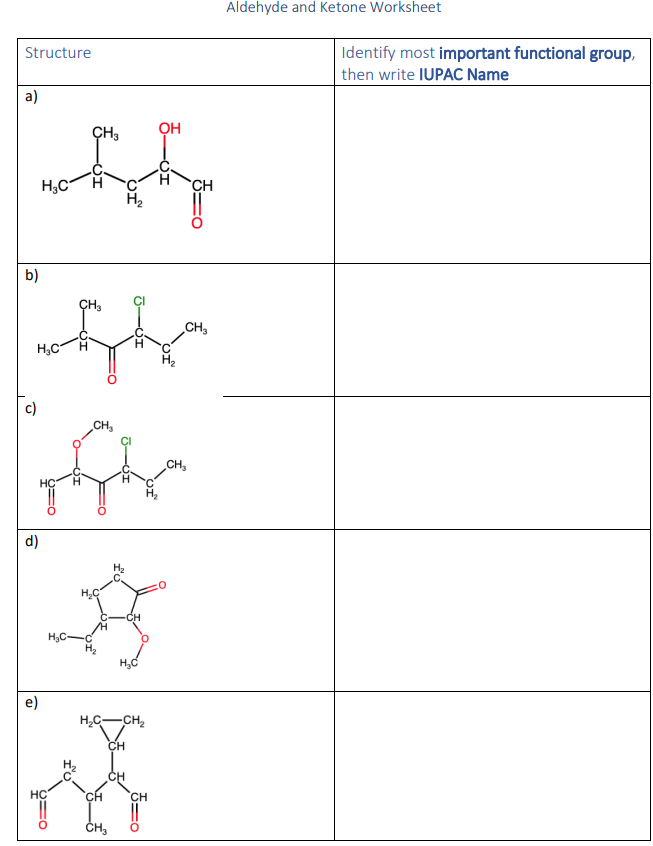 Solved 1. Aldehyde and Ketone Worksheet Structure Identify | Chegg.com