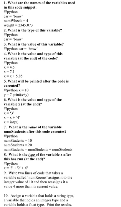 Solved 1. What are the names of the variables used in this | Chegg.com