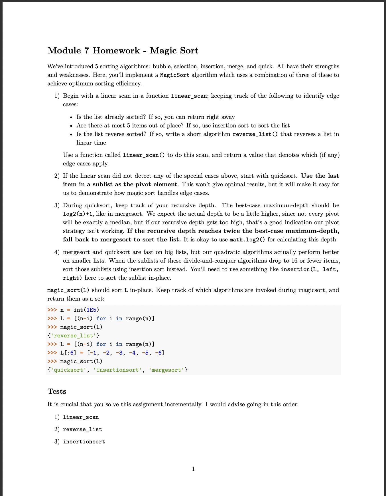 Solved Module 7 Homework - Magic Sort We've introduced 5 | Chegg.com