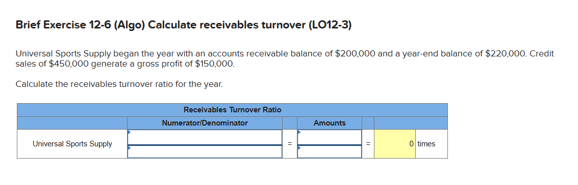 Solved Brief Exercise 12-6 (Algo) Calculate receivables | Chegg.com
