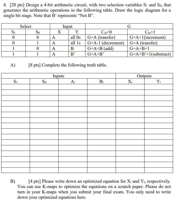 Solved 4. [20 pts) Design a 4-bit arithmetic circuit, with | Chegg.com